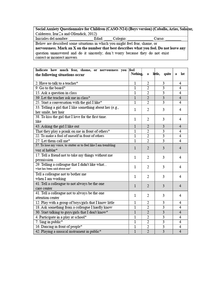 Social anxiety questionnaire for children | PDF | Anxiety ...