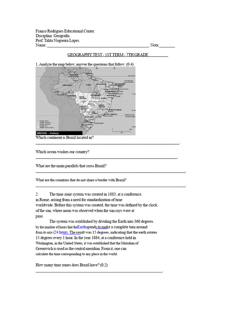 Geography Test - 1st Semester - 7th Grade | PDF | Plateau | River