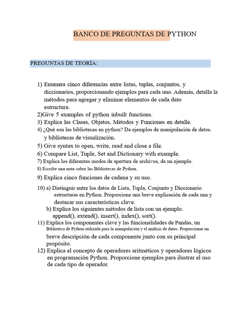 Banco de Preguntas de Python | PDF | Python (lenguaje de programación) | Programación de ...