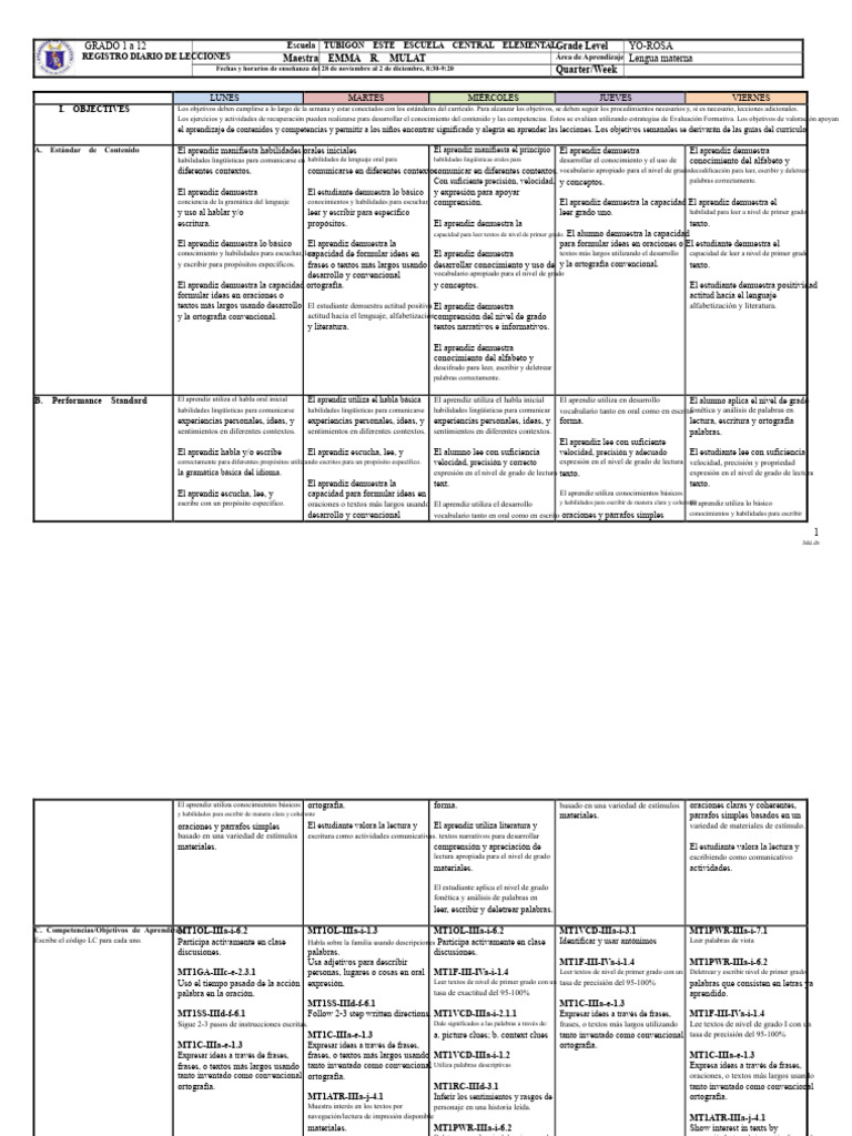 Grado 1 DLL MTB q3 Semana 5 | PDF | Escritura | Plan de estudios