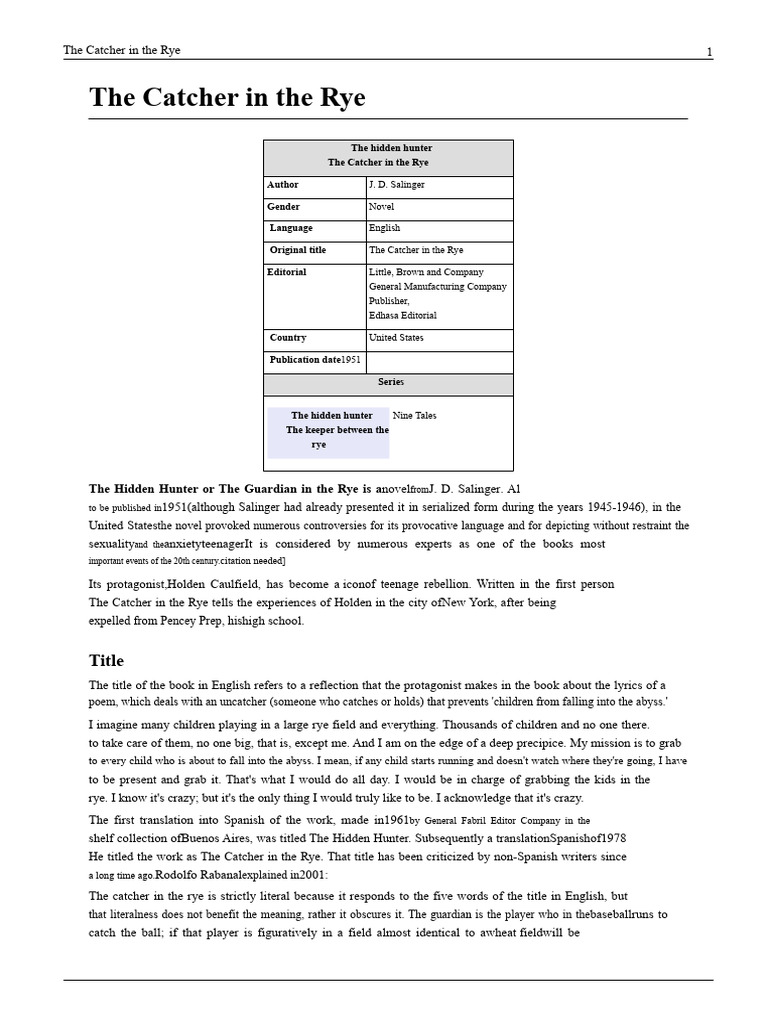 The Catcher in the Rye Overview | PDF