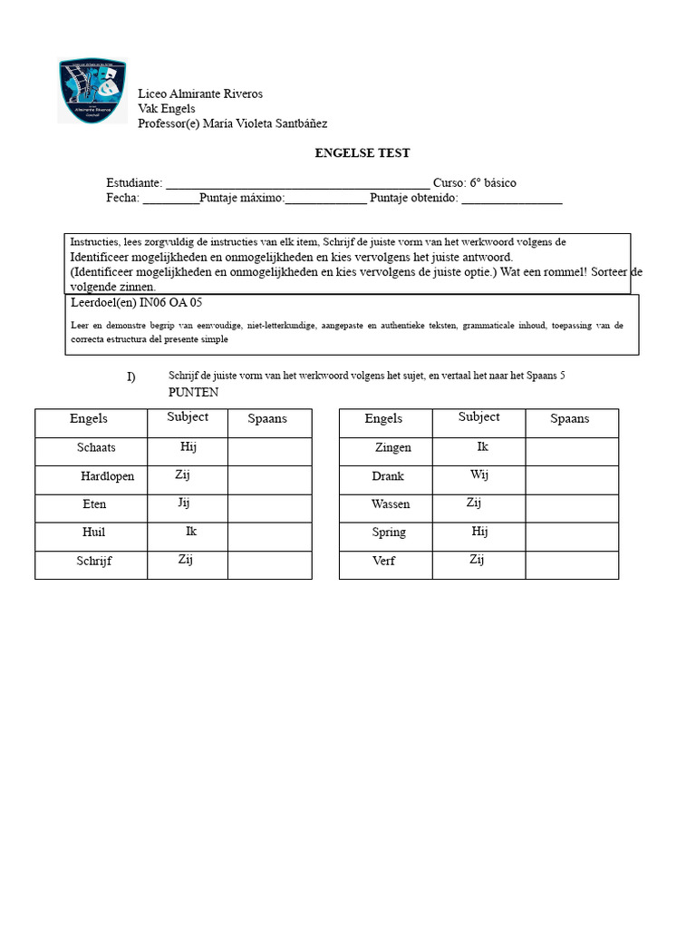 Toets Hedende Tijd 6e Groep Engels | PDF