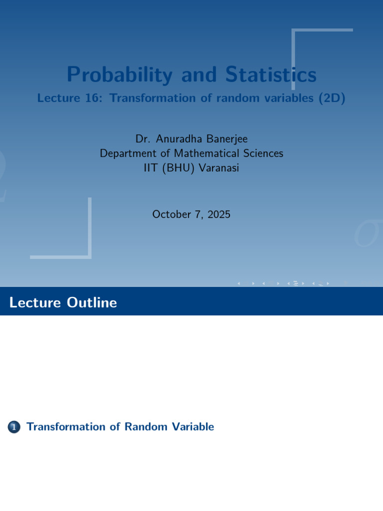 Lecture 16 Transformation of Variables 2D | PDF | Probability Density Function | Random Variable