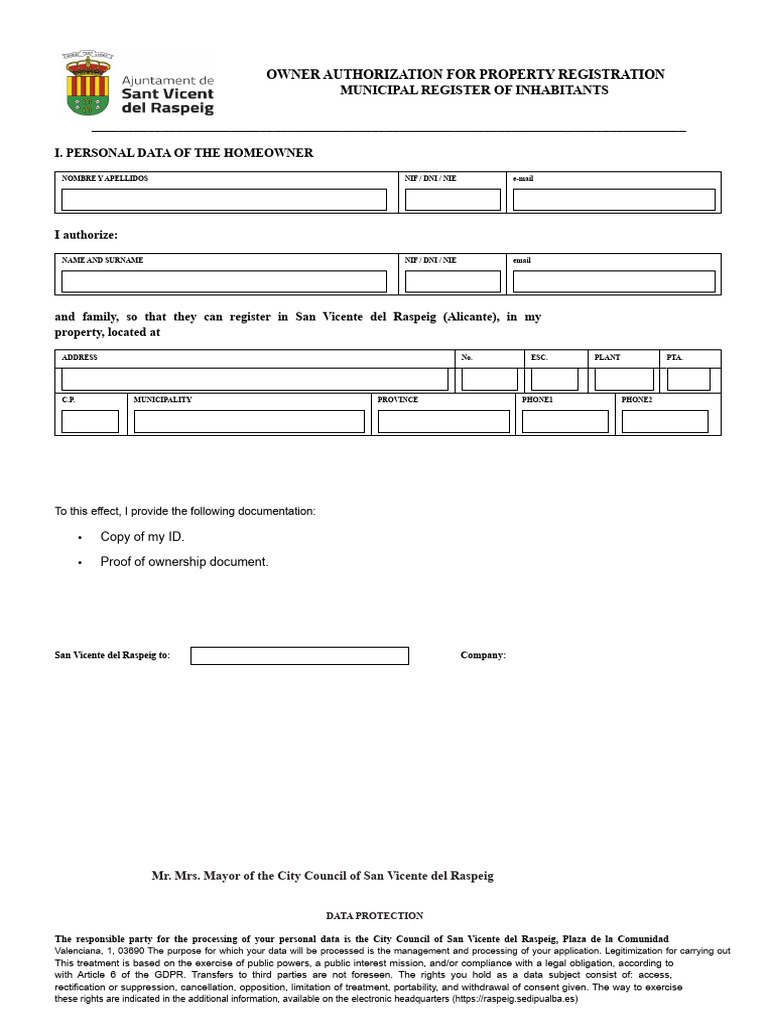Authorization Owner House For Registration in The Municipal Register of ...