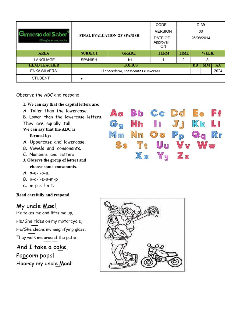 1st FINAL EVALUATION OF SPANISH PERIOD 1 2024. | PDF | Consonant ...