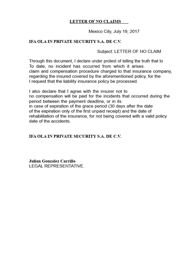 Letter of No Claims for Insurance Policy | PDF