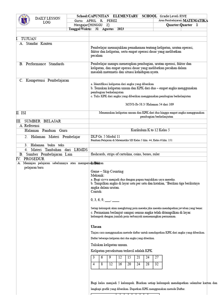 COT DLP MATEMATIKA KELAS 5 Q1 (1) | PDF