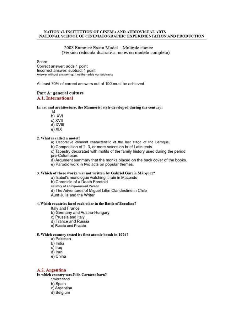 2008 Cinema Entrance Exam Model | PDF