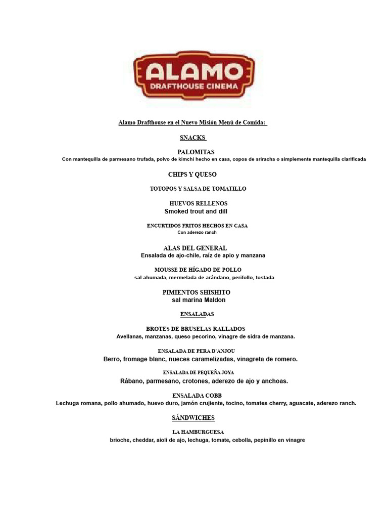 Menú de Comida de Alamo Drafthouse New Mission | PDF | ensalada | Pancho