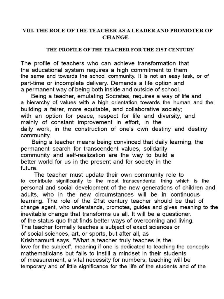 VIII. The Role of The Teacher As Leader and Promoter of Change | PDF ...