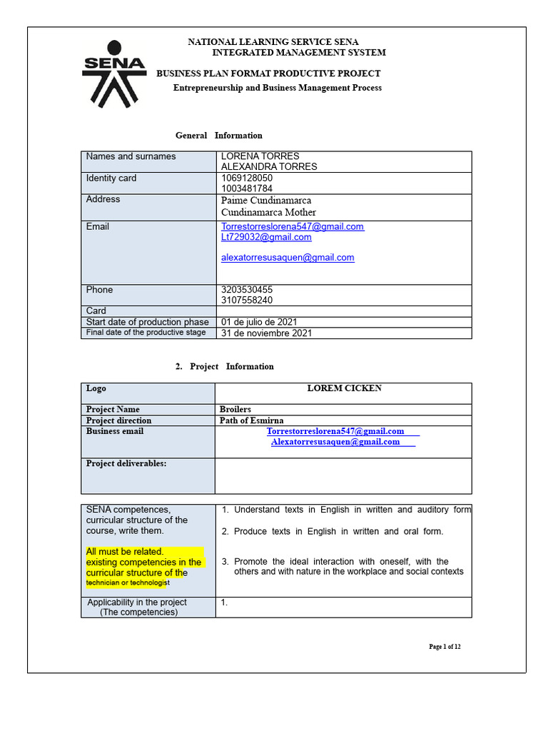 SENA Business Plan for Broiler Project | PDF | Economies | Marketing