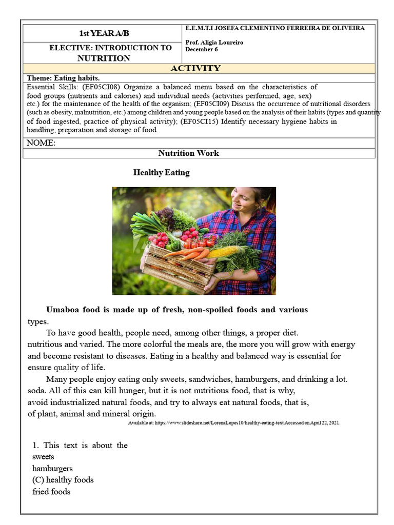 Activity - Eating Habits Today | PDF | Foods | Nutrition