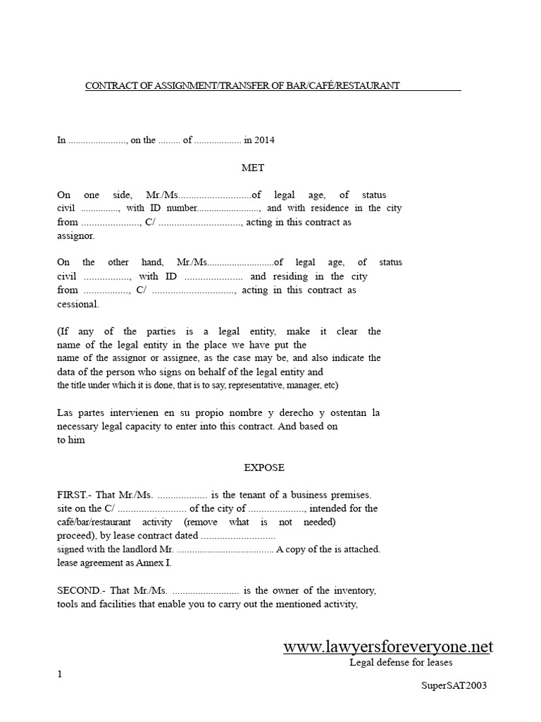 Restaurant Lease Assignment Contract | PDF | Assignment (Law) | Lease