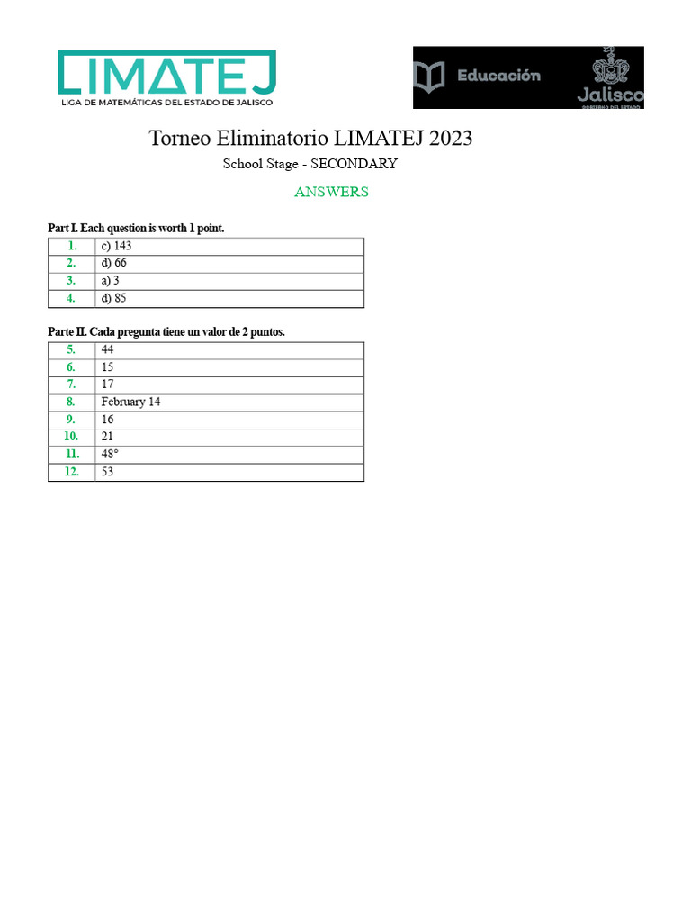 LIMATEJ 2023 Secondary Tournament Answers | PDF