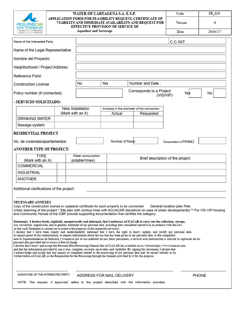 FR - 029 Drinking Water and Sewerage Application Form 2018 - 1 | PDF ...