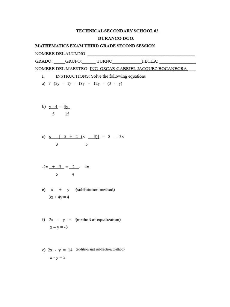 Third Grade Math Exam - Technical School | PDF