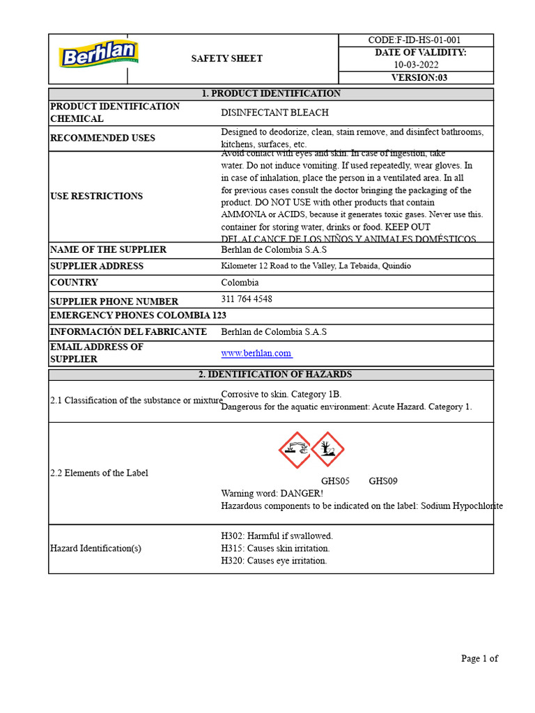 BERHLAN SAFETY DATA SHEET BLEACH DISIN V4 (2) (2) | PDF | Toxicity | Bleach