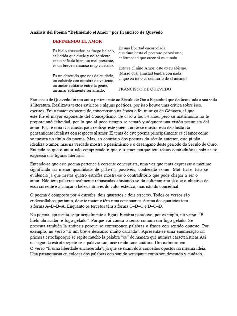 Análise do Poema "Definiendo el Amor" | PDF