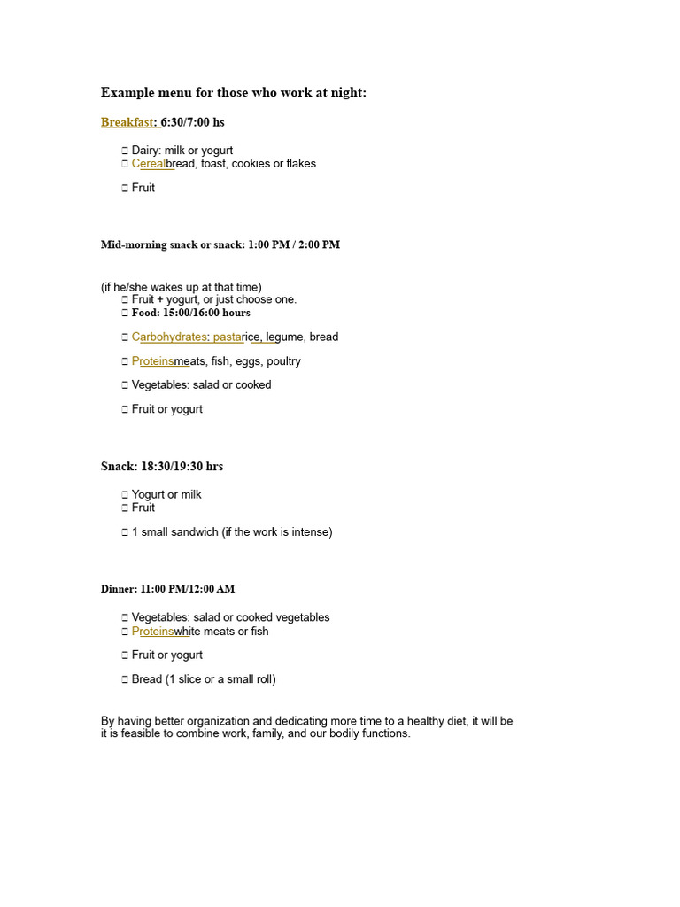 Example of Night Work Menu | PDF