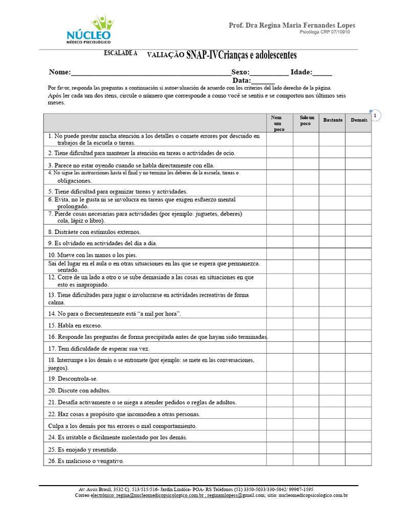 SNAP-IV - Cuestionario TDAH | PDF | Desorden hiperactivo y deficit de ...