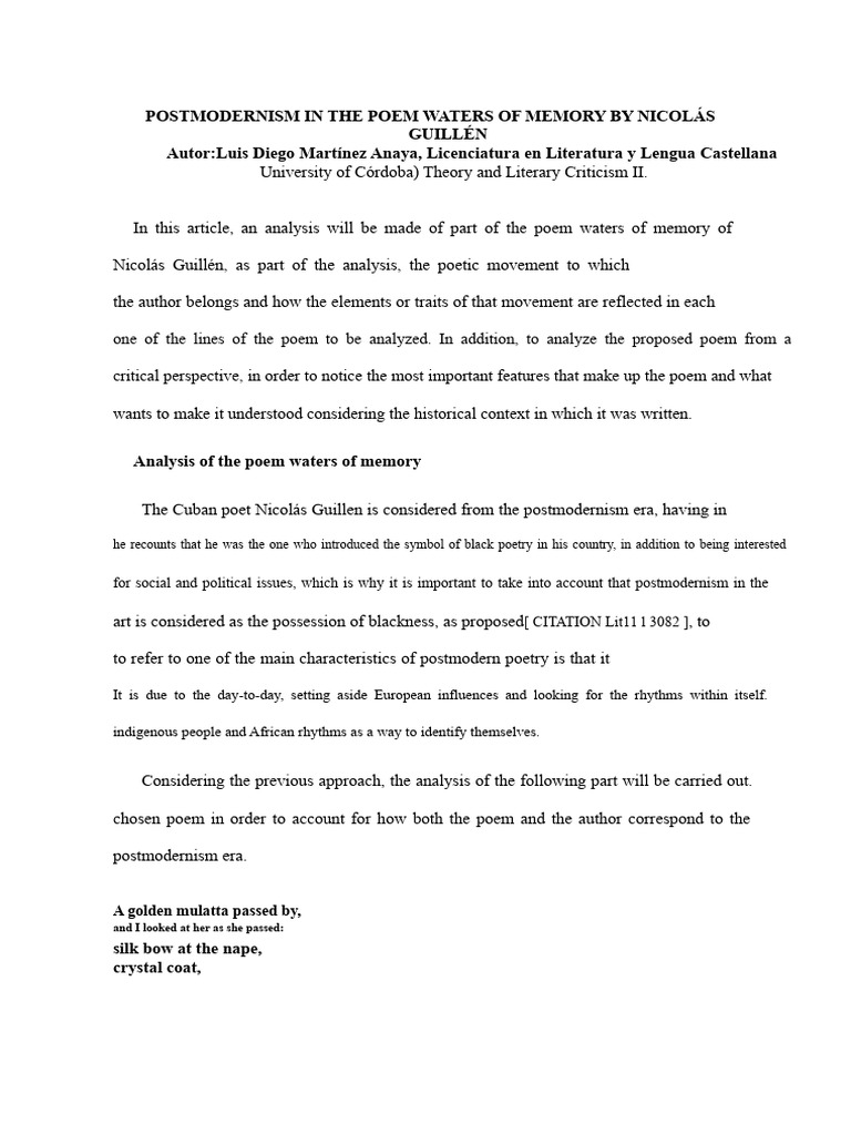 Literary article of the poem "Waters of Memory" by Nicolas Guillén (1 ...