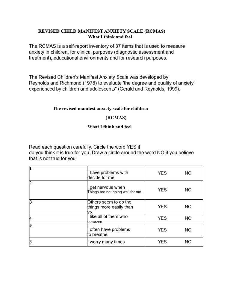 Revised Children's Manifest Anxiety Scale (RCMAS) : "What I Think and ...