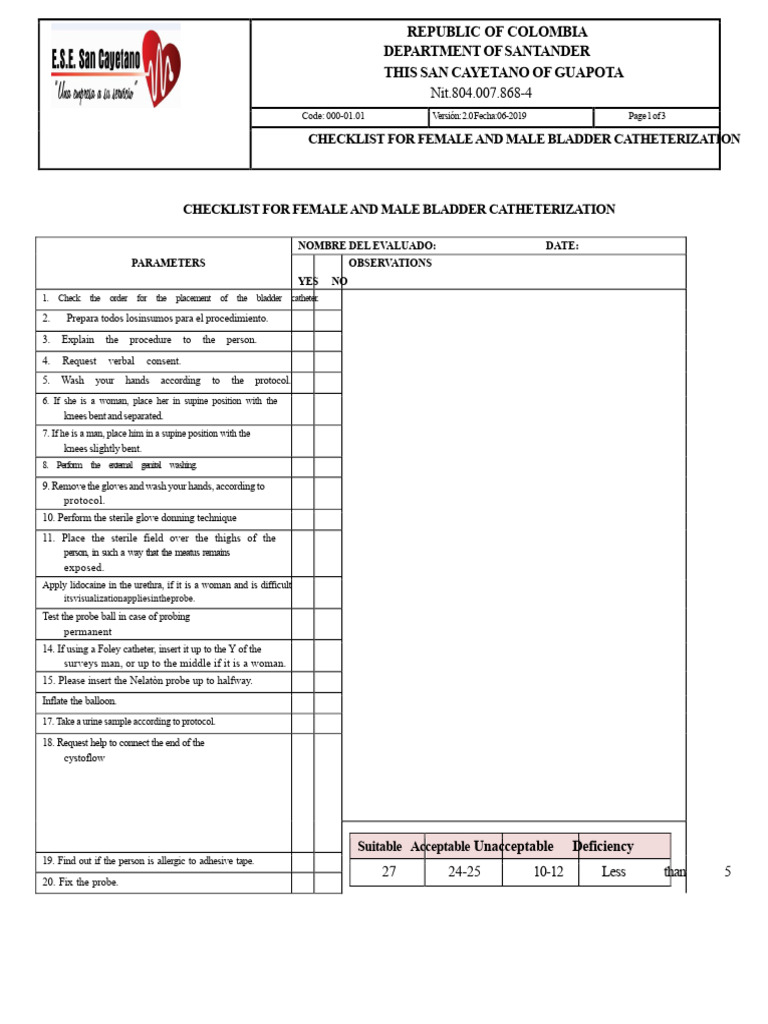 Checklist For Bladder Catheterization | PDF | Catheter | Medical Equipment
