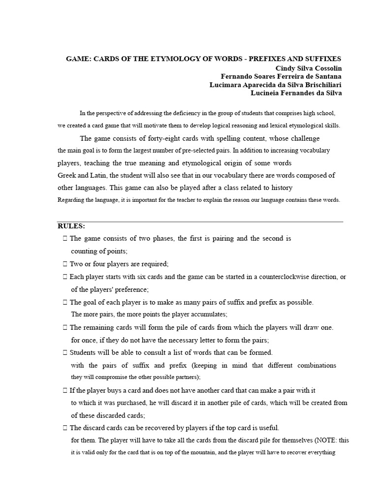 Game: Cards of The Etymology of Words - Prefixes and Suffixes | PDF ...