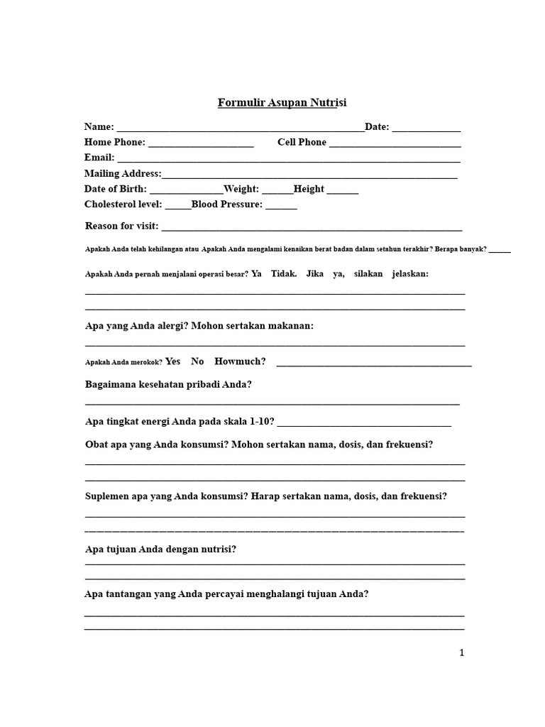 Formulir Asupan Nutrisi 2012 | PDF