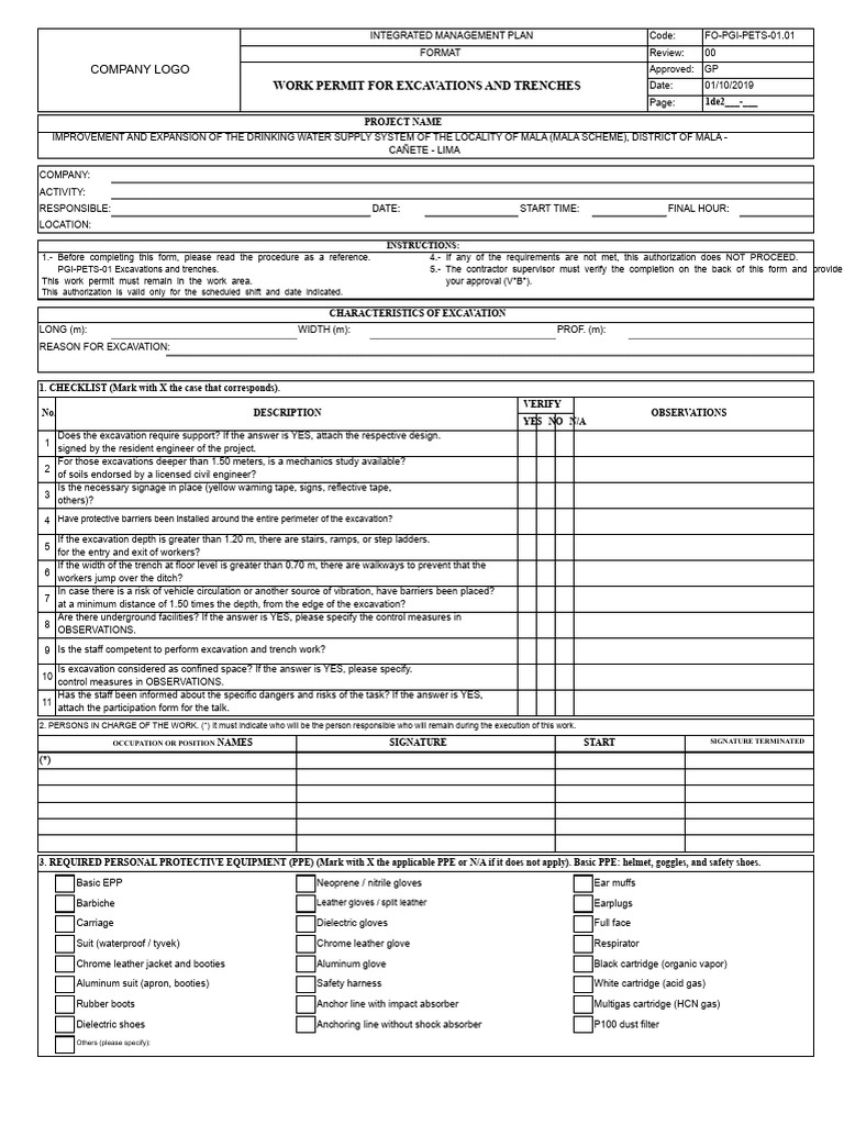 Trench Excavation Permit | PDF | Personal Protective Equipment | Safety