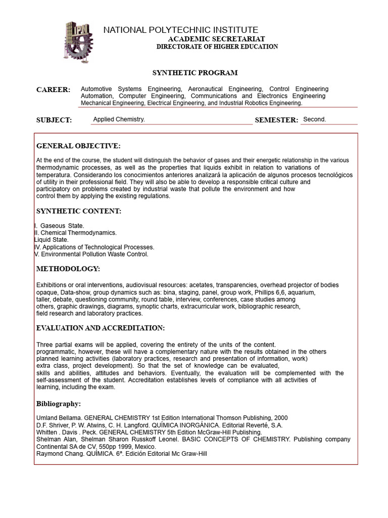 Applied Chemistry Course Overview | PDF | Gases | Educational Assessment