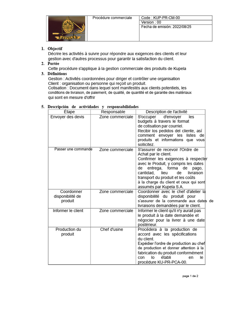 Procédure de gestion commerciale Kupela | PDF