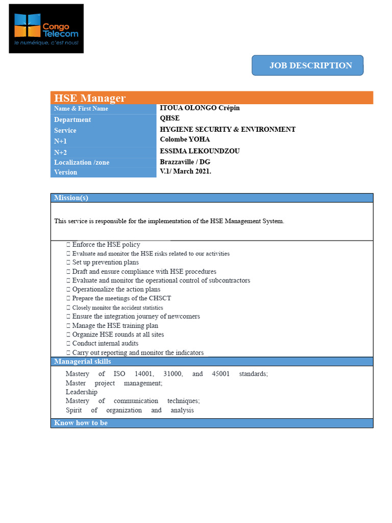 Job Description - HSE Manager | PDF | Business