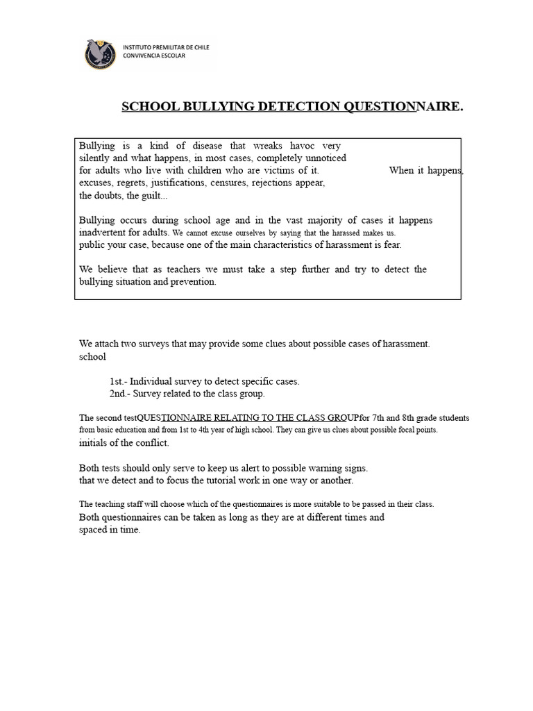 School Bullying Detection Questionnaire | PDF | Bullying | Questionnaire
