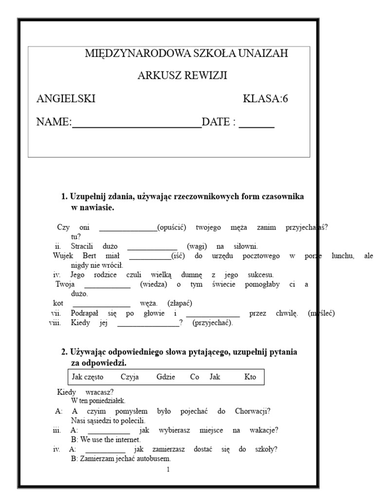 Arkusz Do Powtórki Z Języka Angielskiego 6 | PDF