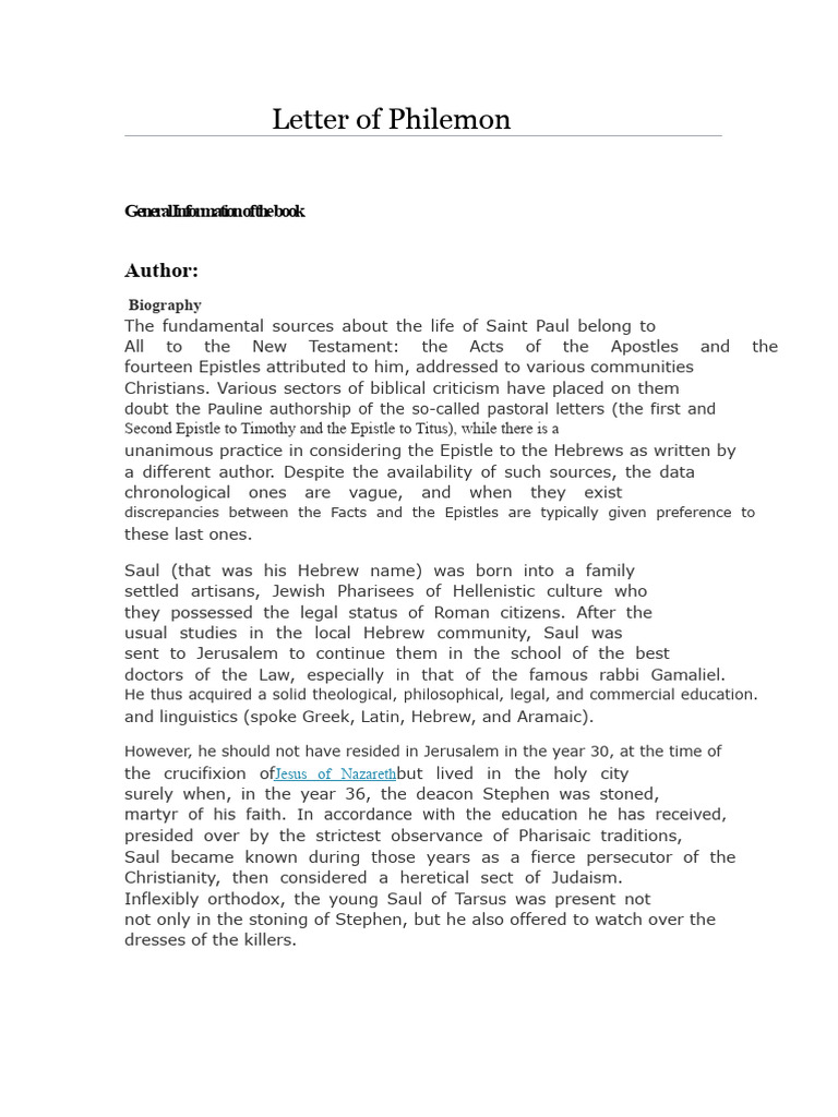 Overview of the Letter to Philemon | PDF | Epistle To Philemon | Paul ...