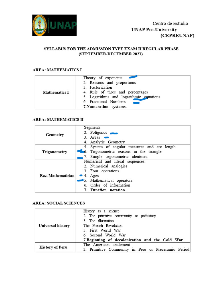 Syllabus For The Admission Exam Type Ii Regular Phase | PDF ...