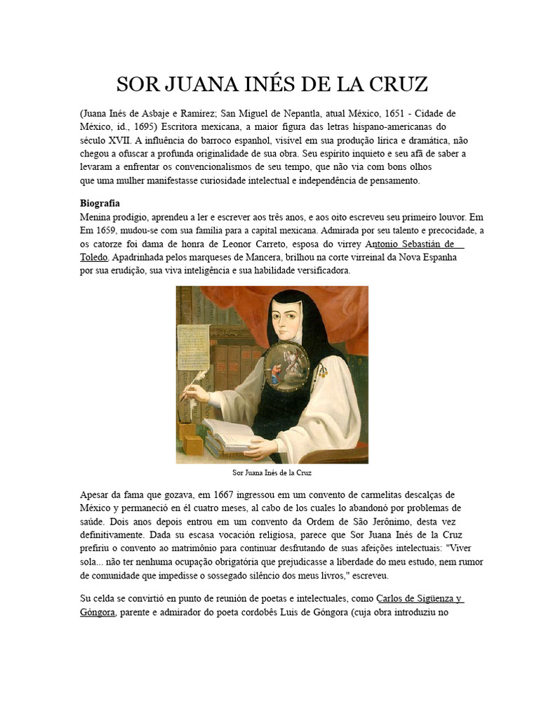 Vida e Obra de Sor Juana Inés de la Cruz | PDF