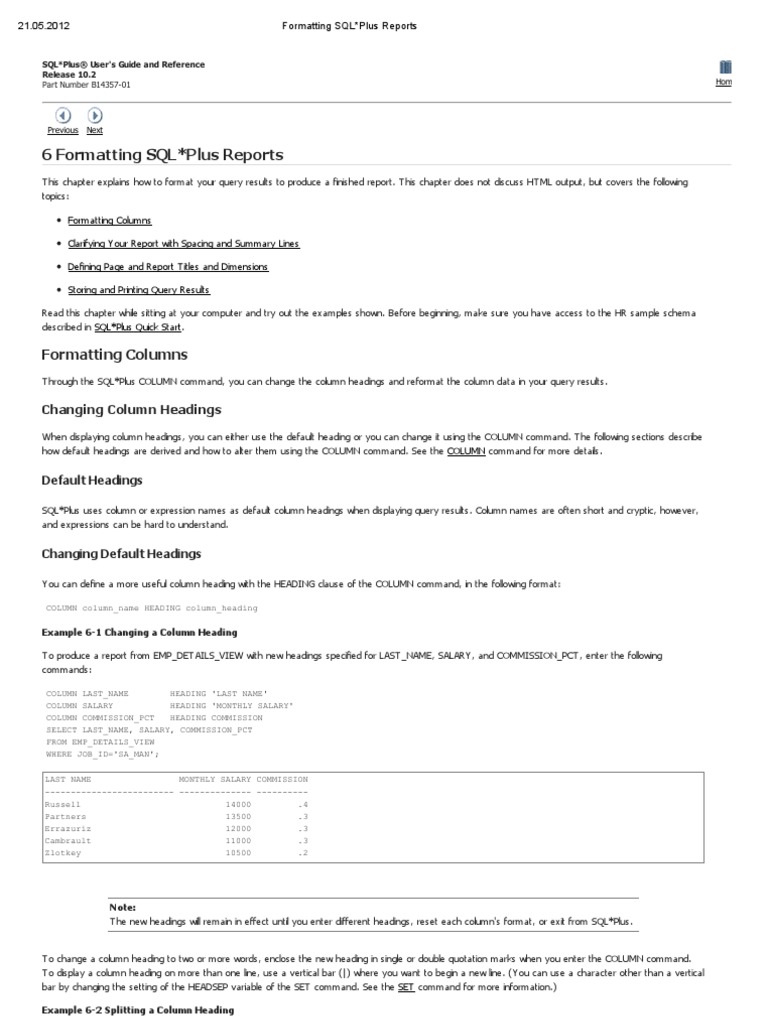 Formatting SQL - Plus Reports | PDF | Sql | Oracle Database