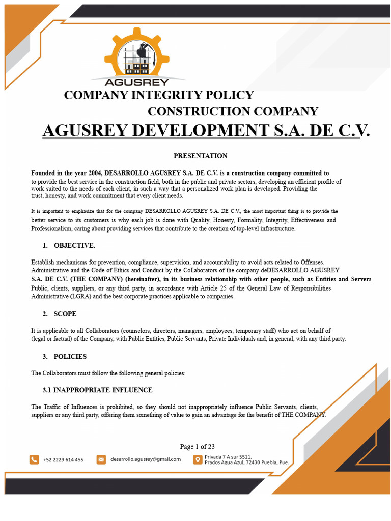 Official Integrity Policy Agusrey 2022 | PDF | Regulatory Compliance ...