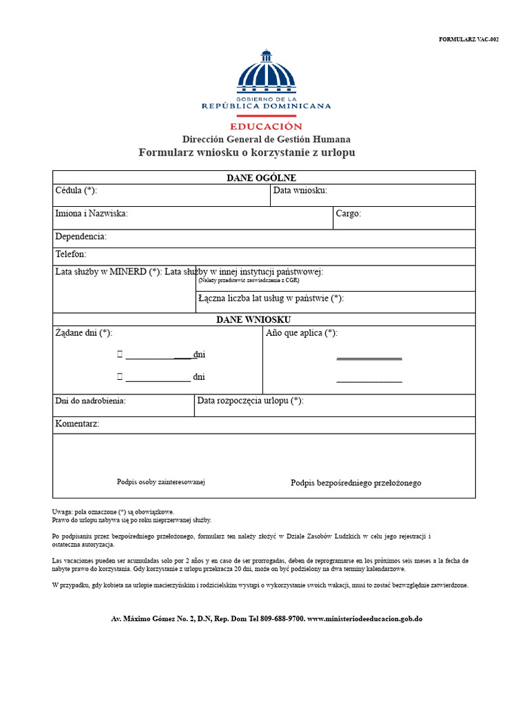 Formularz Wakacje | PDF