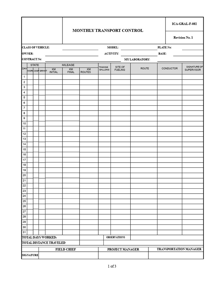 ICA GRAL-F-082 R1 Monthly Transport Control | PDF | Fuel Economy In ...