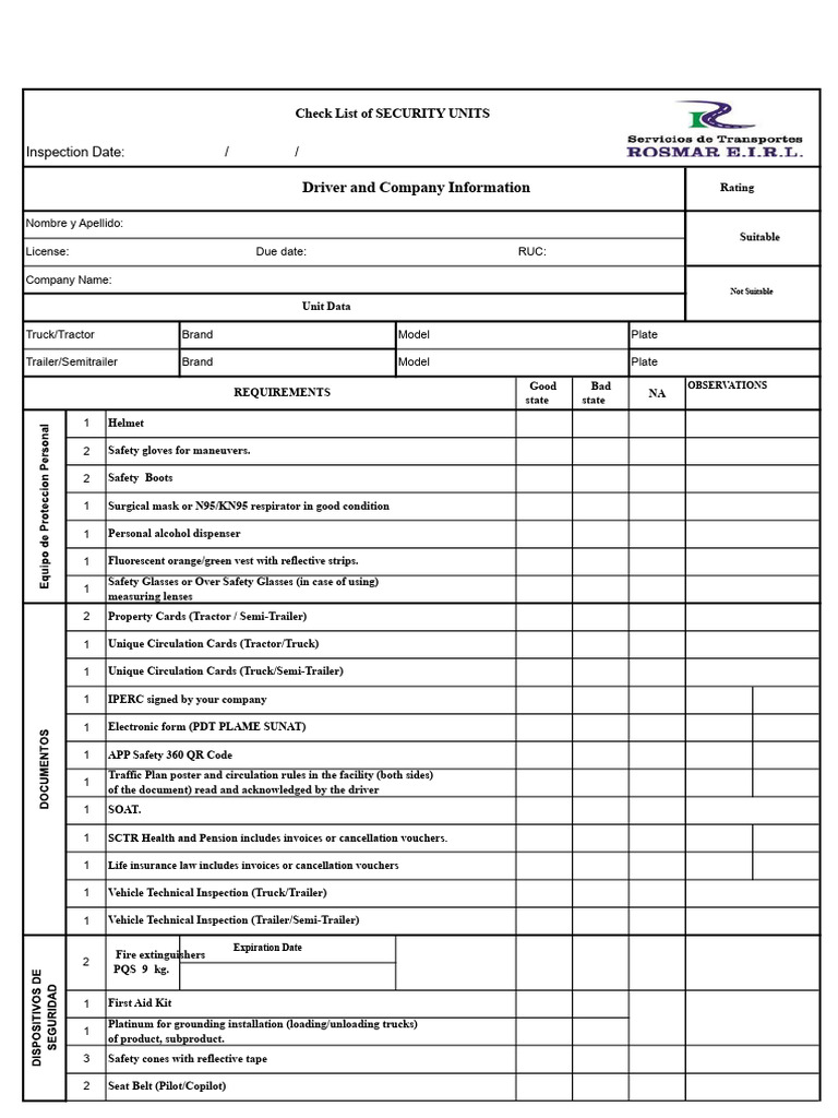 Safety Check List UNITS - REQUIREMENTS 2021 | PDF | Truck | Vehicles