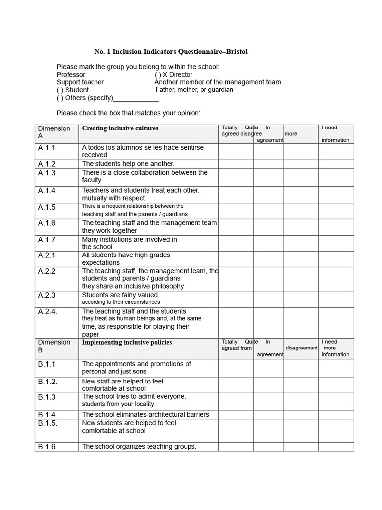 Inclusion Indicators Questionnaire | PDF | Learning | Behavior Modification