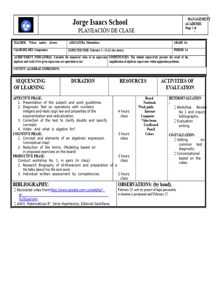 Class Plan Format (Filled) | PDF | Algebra | Mathematics