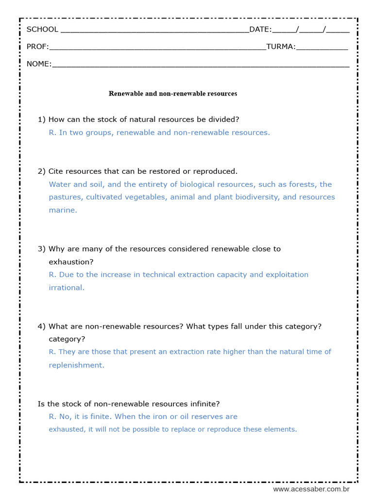 Renewable and Non-Renewable Resources 1 Year Geo With Answer | PDF
