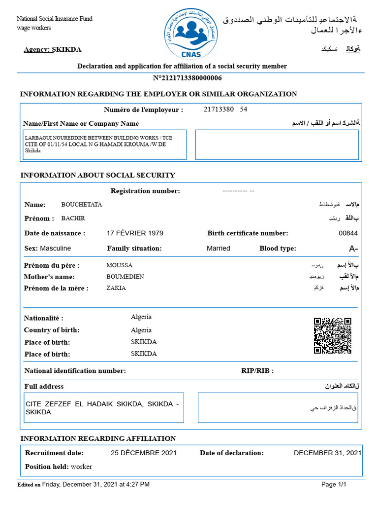 Declaration and Application For Affiliation of A Social Security Member ...