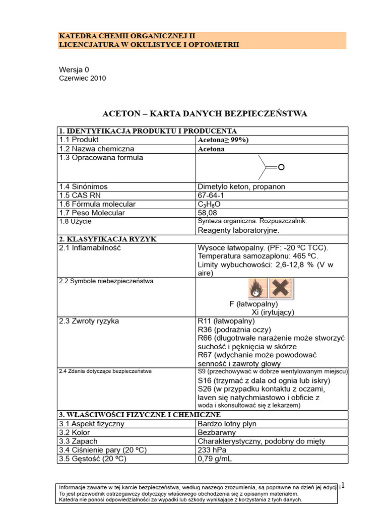 Karta Charakterystyki Acetonu PDF | PDF