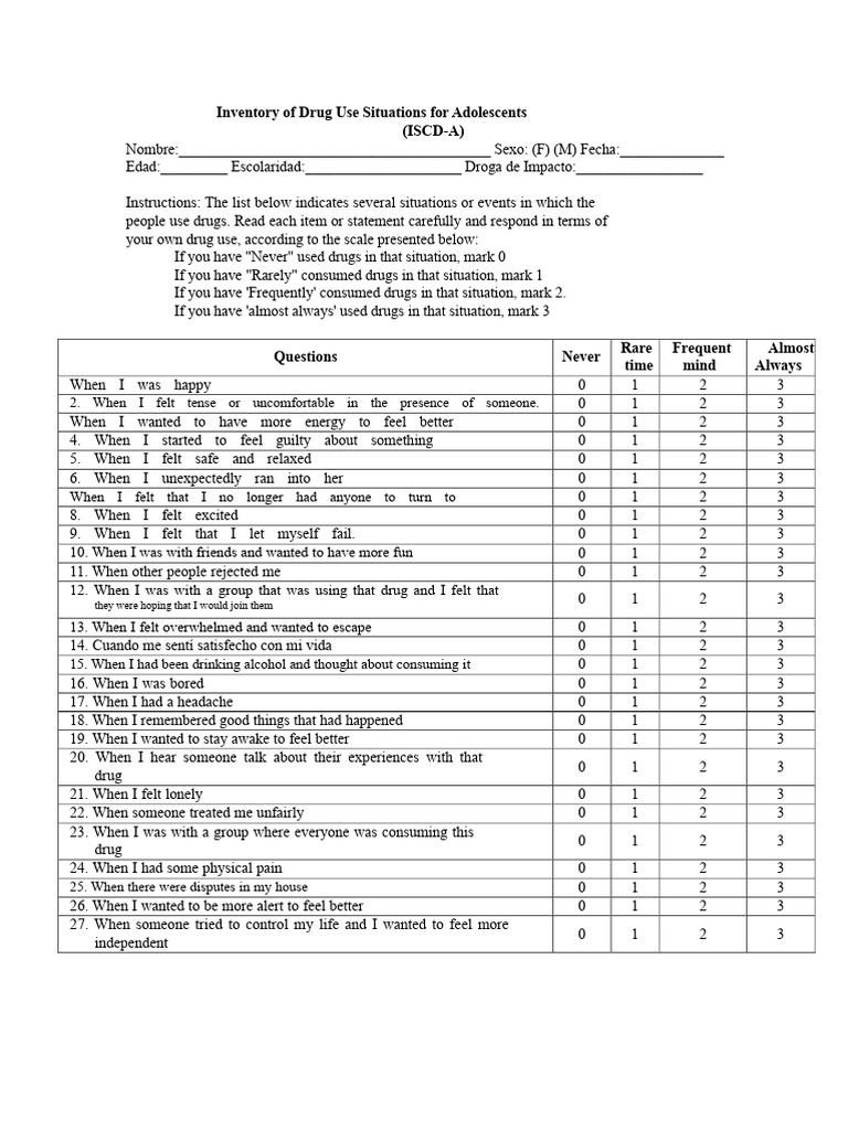 Inventory of Drug Use Situations For Adolescents | PDF | Psychology ...
