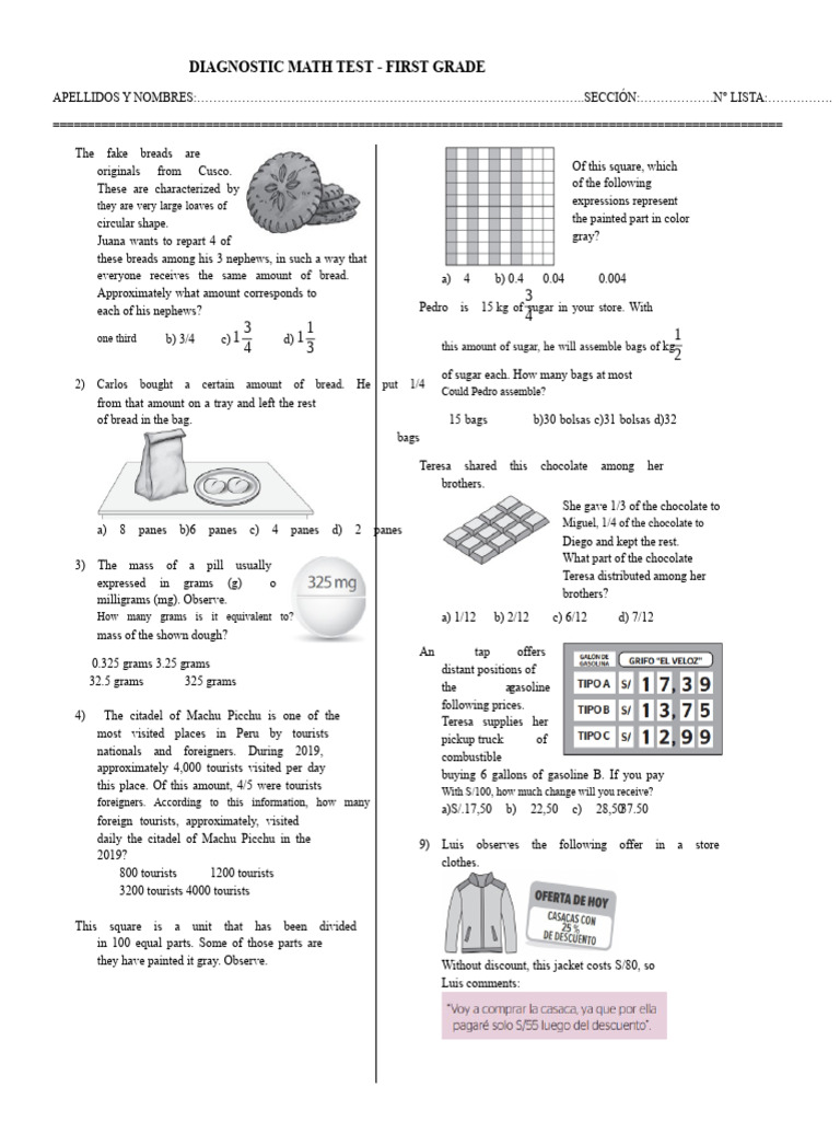 First Grade Diagnostic Math Test | PDF | Area | Mathematics